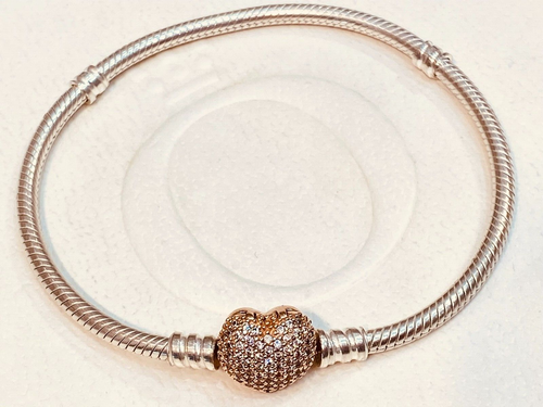 Authentic PANDORA Bracelet Silver Rose Gold Pave CZ Heart Clasp 586292 ...