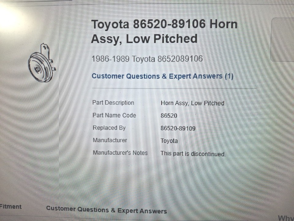 TOYOTA HORN ASM NOS PARTNUMBER 86520-89106. LOW PITCHED | eBay