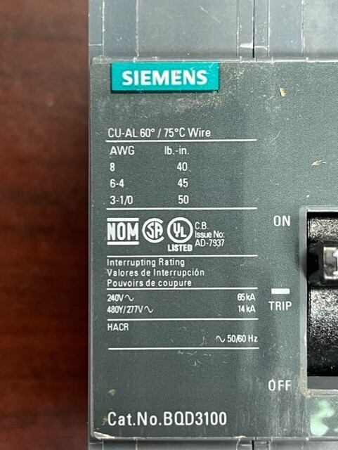 ITE Siemens BQD BQD3100 3 Pole 100Amp 480Volt Bolt-On BRAND NEW Circuit ...