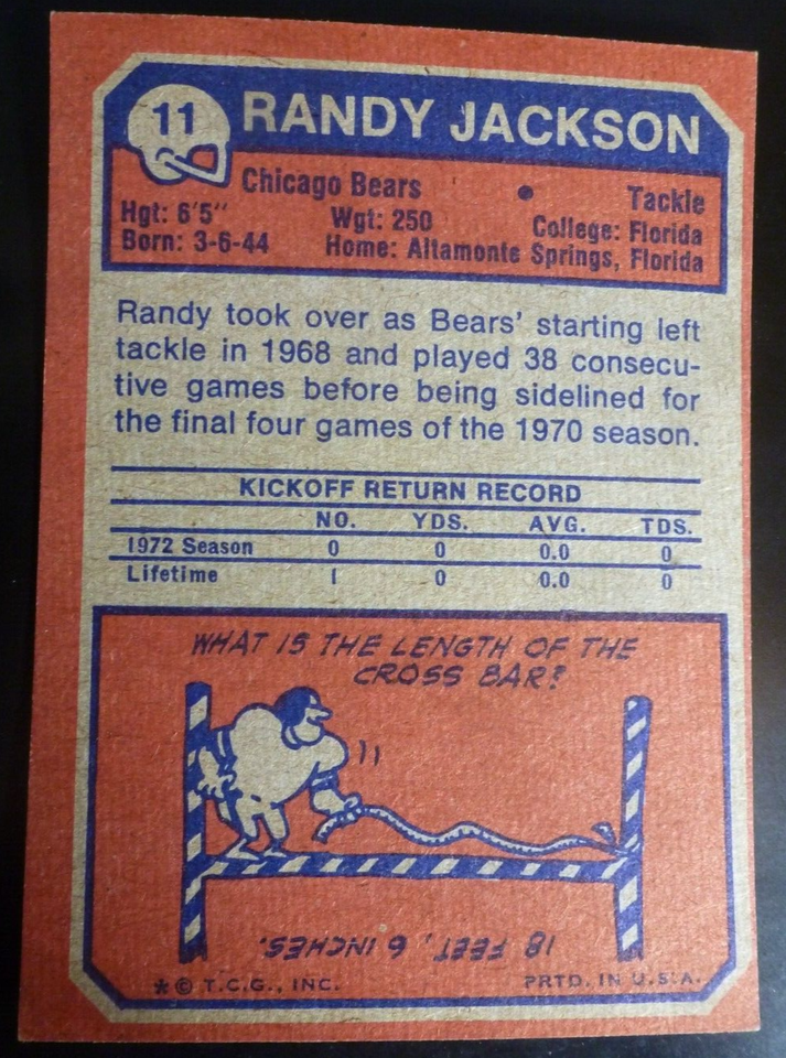 1973 Topps Randy Jackson, #11, Chicago Bears VG/EX | eBay