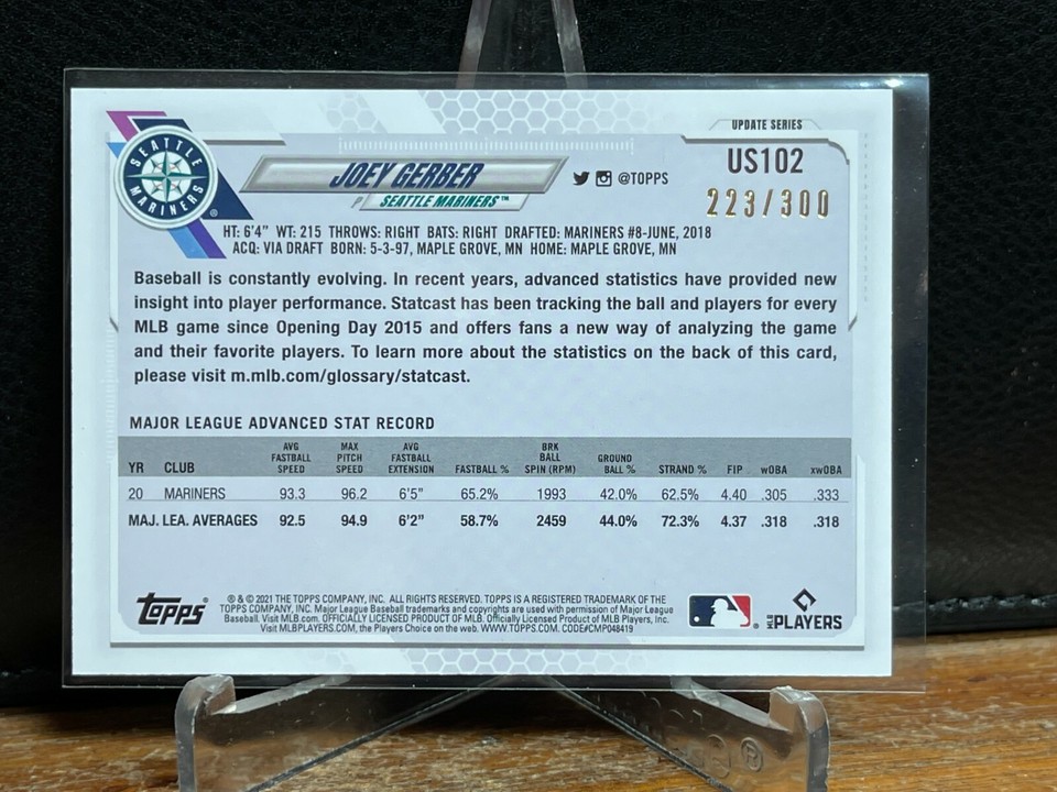 2021 Topps Update JOEY GERBER Rays rc #US102 Rookie ADVANCED STATS 223/ ...