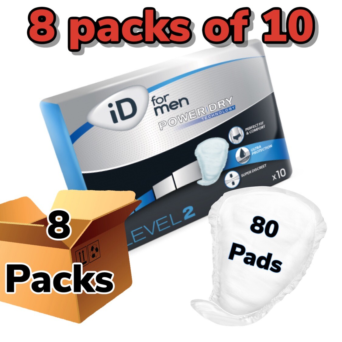 ID Expert Level 2 Pads for Men 8 Packs of 10 Incontinence Protector 80 ...