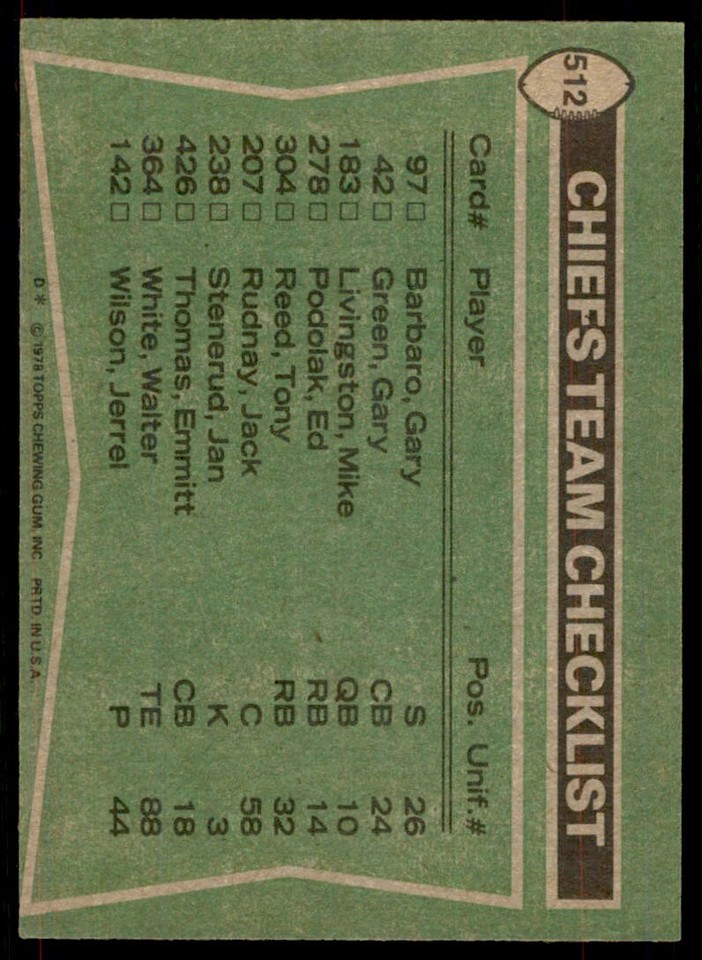 1978 TOPPS ED PODOLAK/WALTER WHITE/GARY BARBARO/WILBUR YOUNG . KANSAS ...