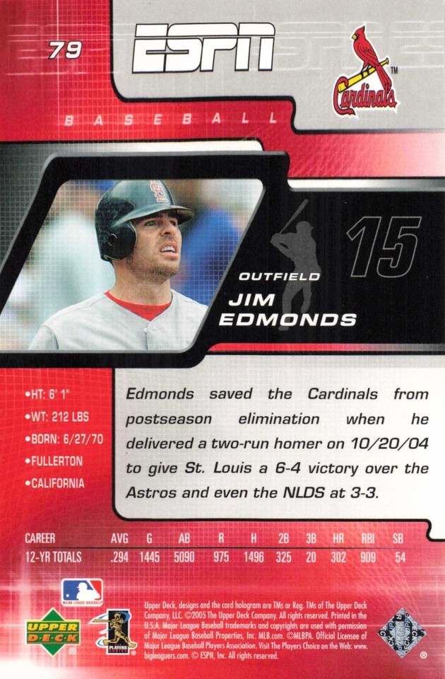 Jim Edmonds St. Louis Cardinals 2005 Upper Deck ESPN Baseball Trading ...