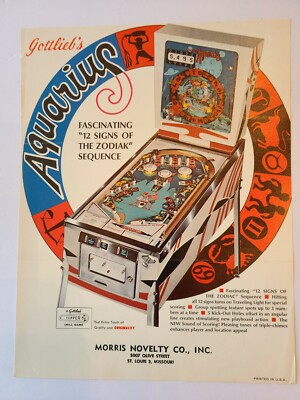 Aquarius Pinball Flyer Original NOS Gottlieb 1970 Art Zodiac Horoscope ...