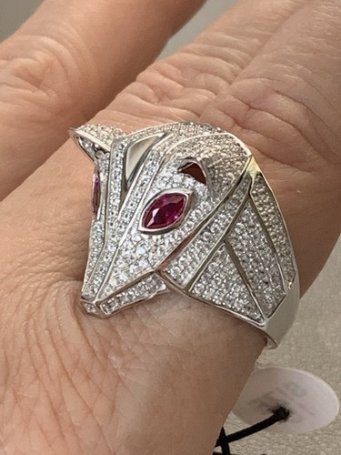 NEW Men Women Sterling Silver 925 Fox Head Ring Encrusted CZ Ruby Red ...