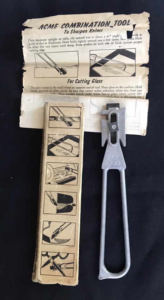 VINTAGE ACME COMBINATION TOOL GLASS CUTTER SHARPENER ORIGINAL BOX ...