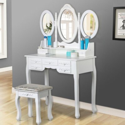 Dressing Table Mirror Stool Set Girls Vanity Makeup Desk Drawer ...
