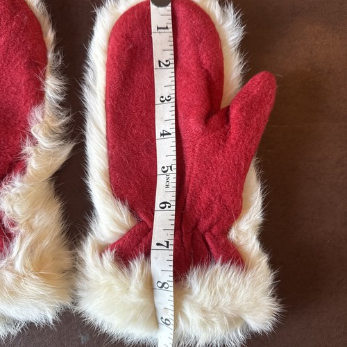 Fluffy Vintage Womens White Rabbit Fur Red Fabric Mittens Medium Sized ...