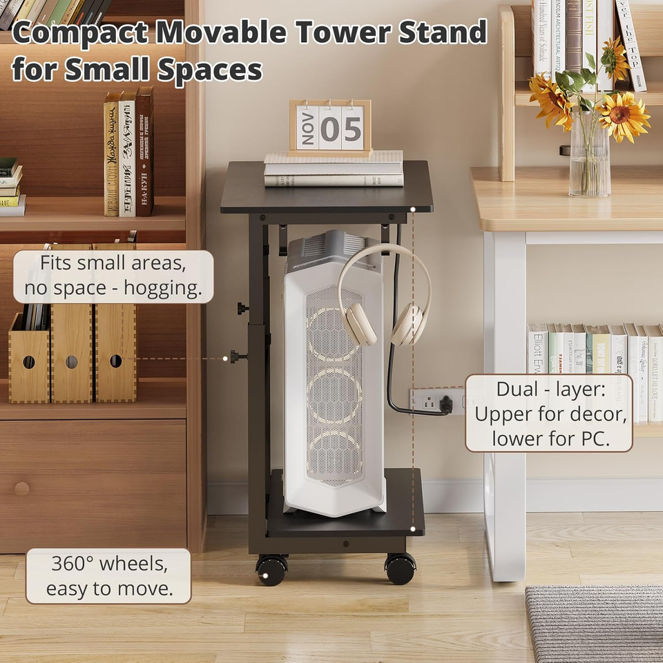 2-Tier Computer Tower Stand with Power Outlet, Height Adjustable PC ...