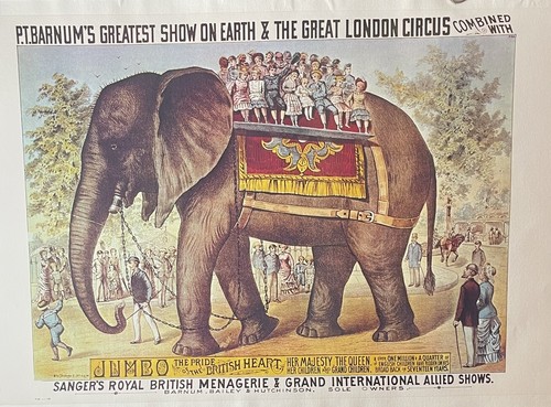 CIRCUS POSTER JUMBO THE ELEPHANT 23.5" X 36" P.T. BARNUM GREAT LONDON ...