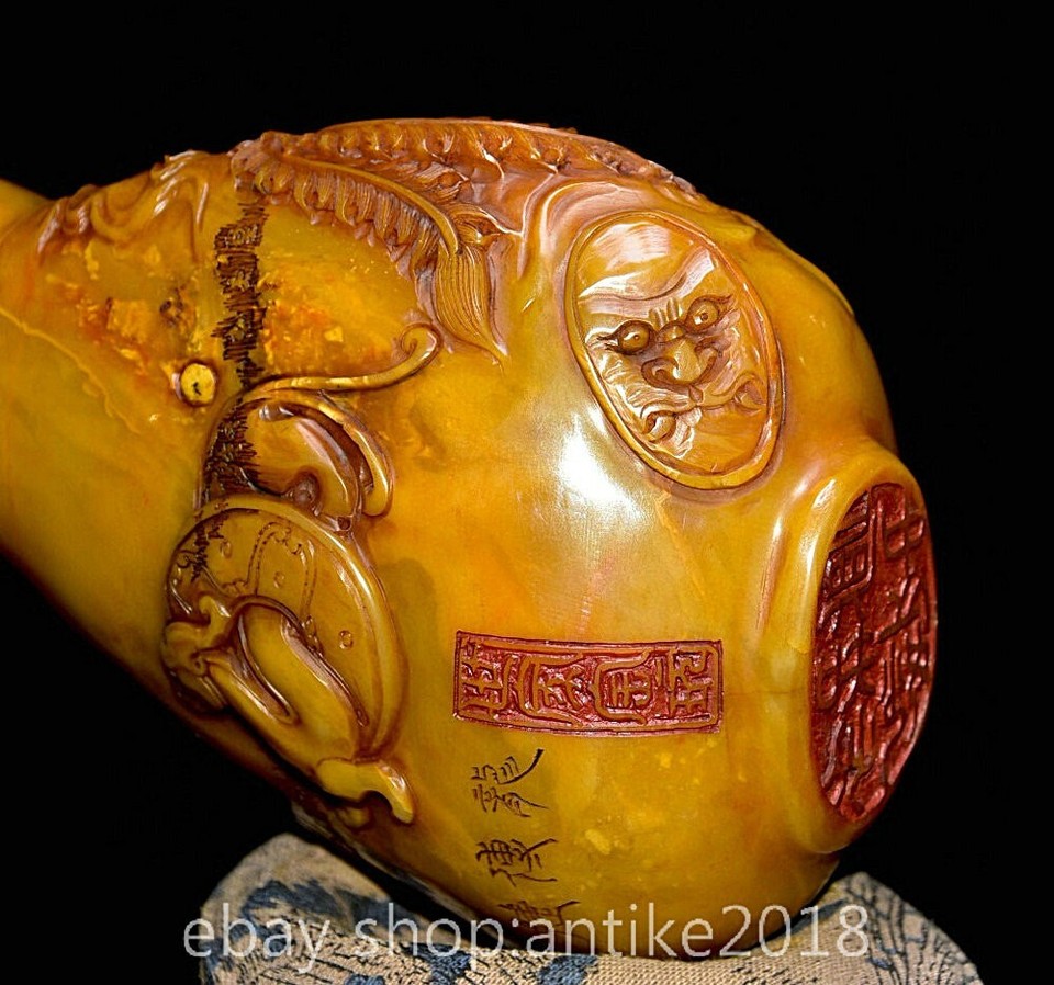 8" Old Chinese Tianhuang Shoushan Stone Carved Beast Brush Pot Pencil ...