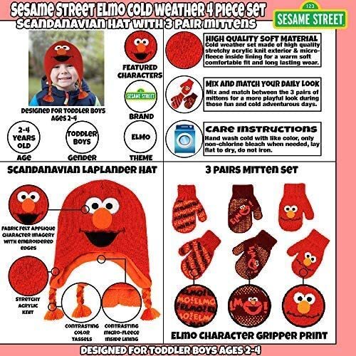 Sesame Street Elmo Character Hat and 3 Pair Mittens Cold Weather Set ...