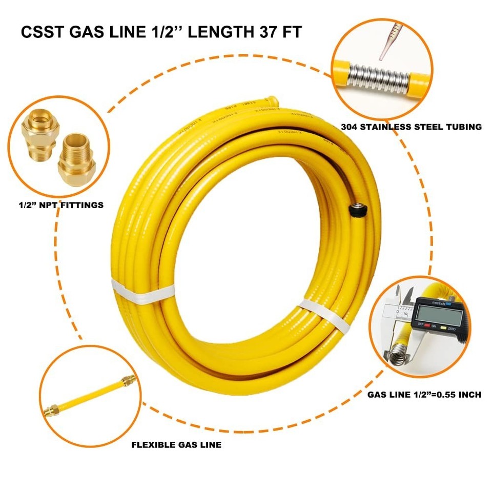 37 Ft CSST Flexible Natural Gas Line 1/2" Stainless Steel Pipe Propane ...