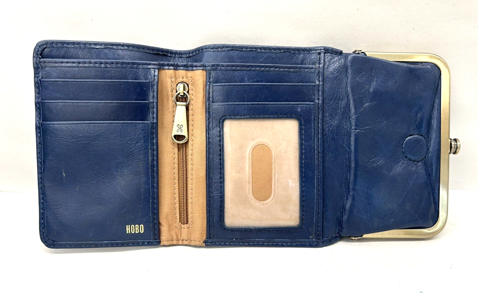 HOBO Tri Fold Robin Wallet Compact Blue Leather Kiss Lock | eBay