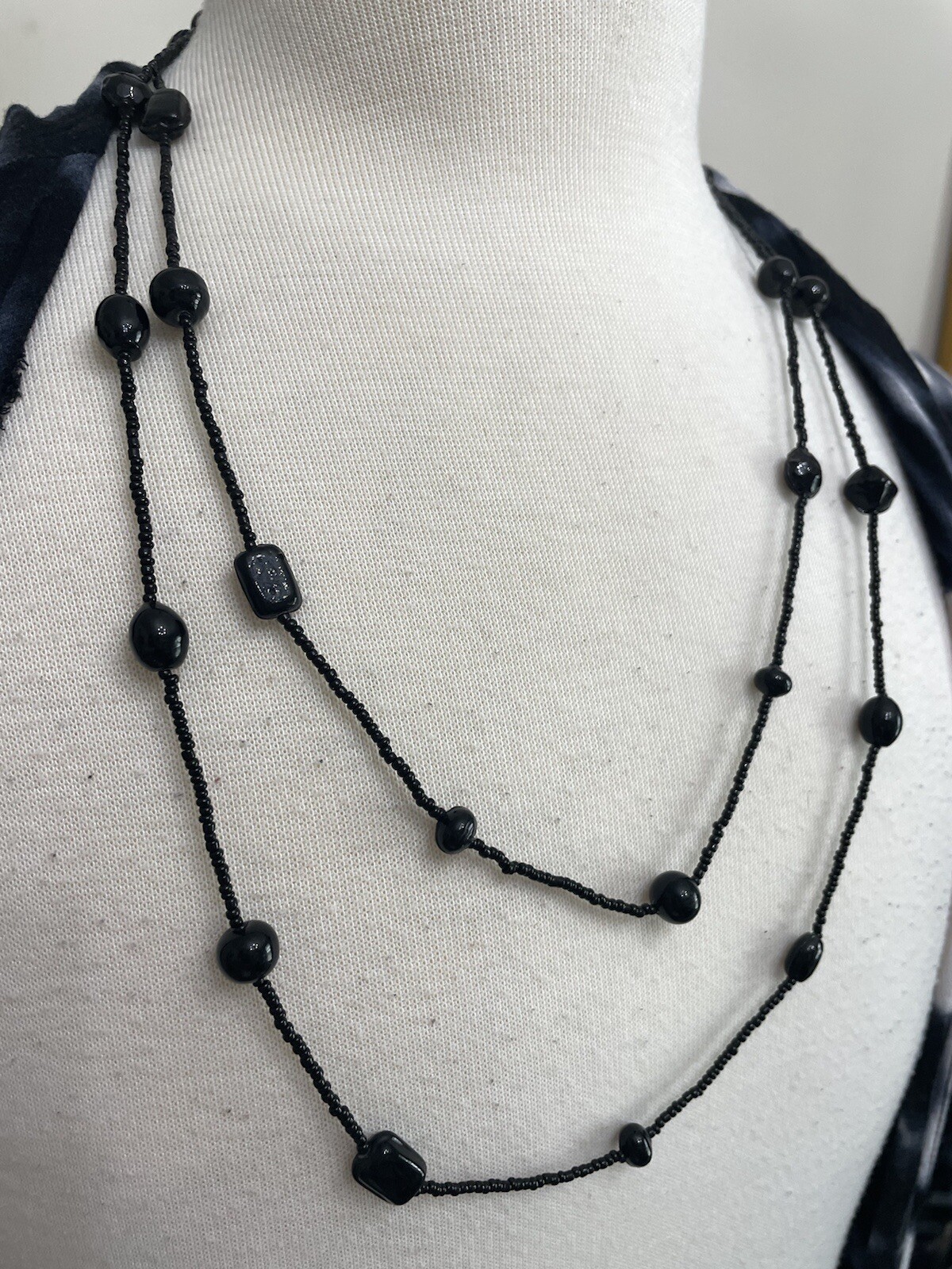 Black Seed Bead Necklace Ceramic Beaded Long Strand N… - Gem