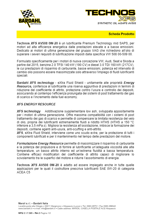 10 Lt Bardhal Technos XFS 0W20 AV508 Acea C5 A1 B1 Olio Motore VW 508. ...