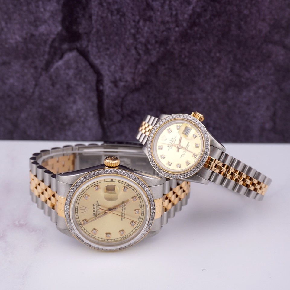 Rolex SET Datejust 26/36mm 18k Yellow Gold & Steel ICED 1.50ct Diamond ...