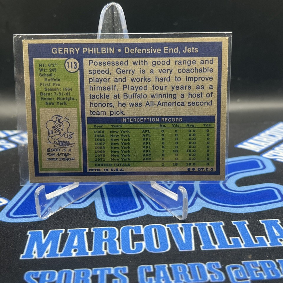 1972 Topps Football Gerry Philbin Card #113 New York Jets EX++ | eBay