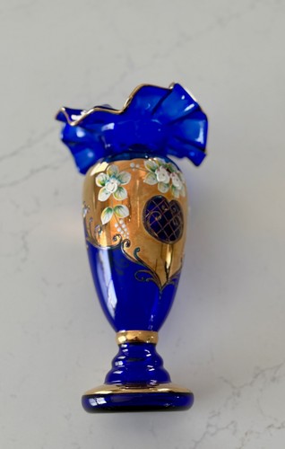 Vintage Czech Bohemia Cobalt Blue Gold Overlay Vase Flowers Ruffle Rim ...