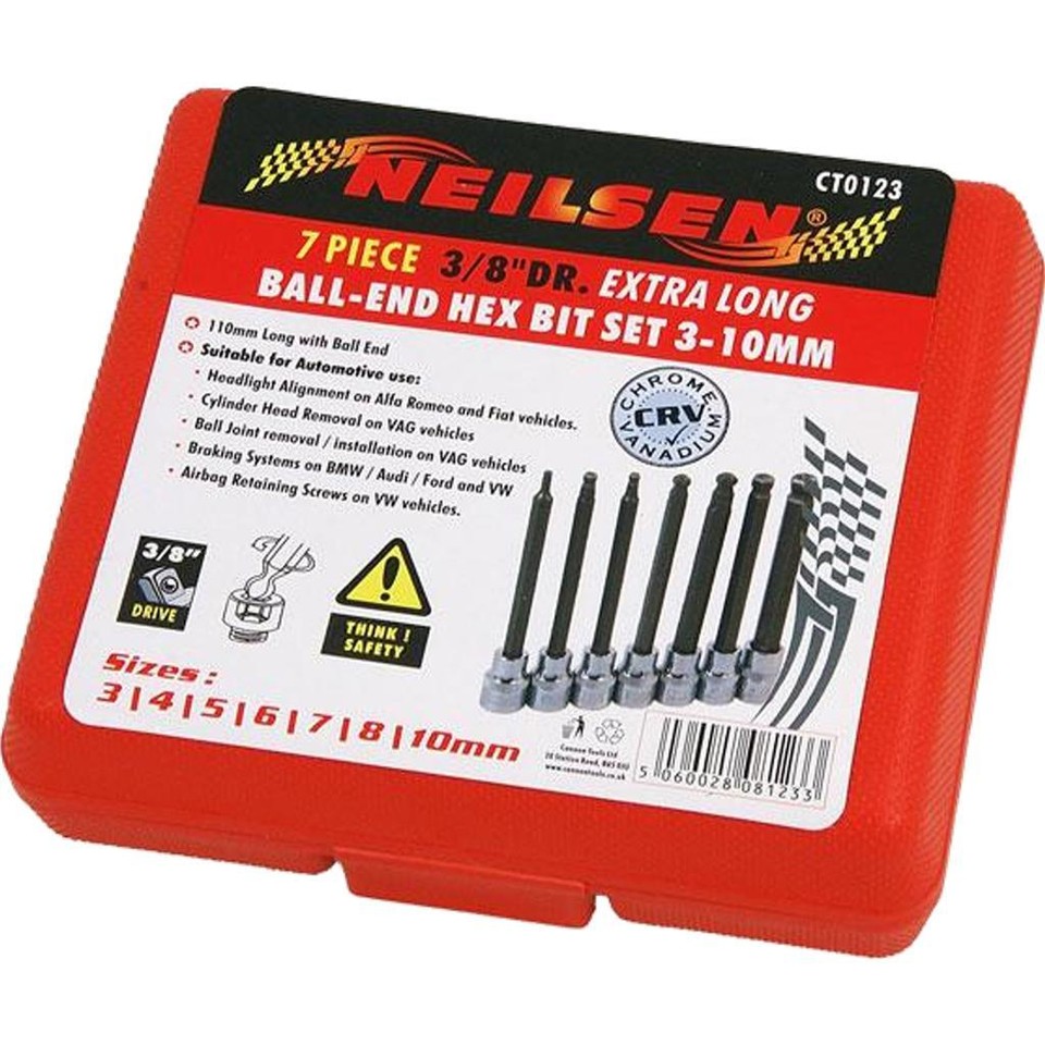 Neilsen Ball End Extra Long Allen Key Hex Bit Socket Set H3 - H10 Bits ...