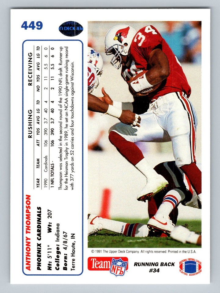 1991 Upper Deck #449 Anthony Thompson Phoenix Cardinals | eBay
