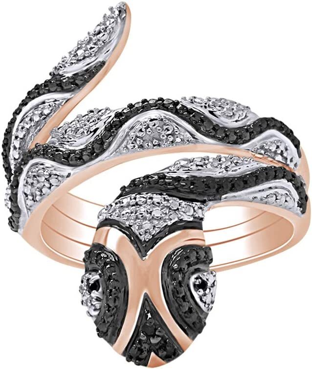 Round Black Real Diamond Accent Snake Band Ring 14K Gold Plated ...