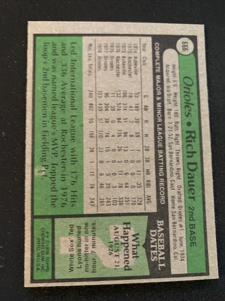 1979 Topps Baseball Card #666 Rich Dauer Baltimore Orioles Nm Free ...
