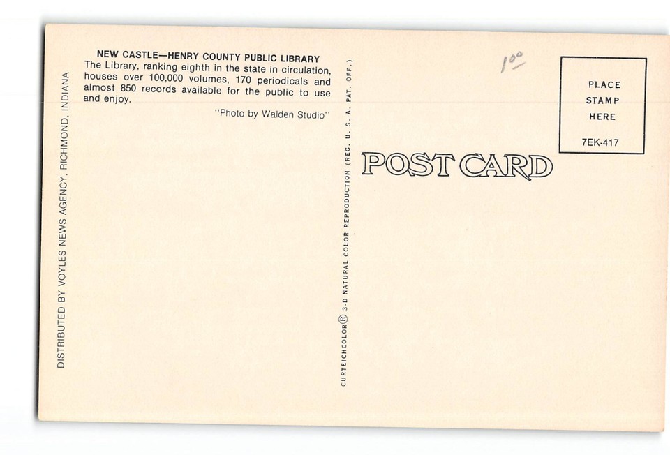 New Castle Indiana IN Vintage Postcard Henry County Public Library | eBay