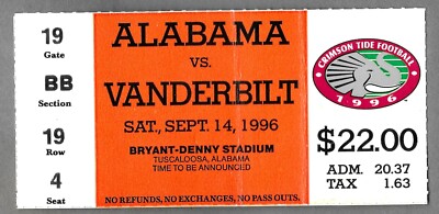 ALABAMA CRIMSON TIDE vs VANDERBILT COMMODORES 1996 Football Game Ticket ...