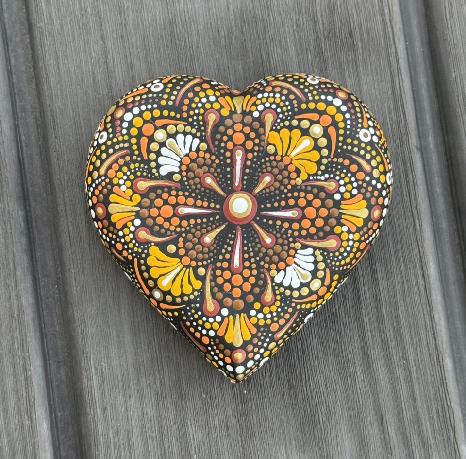 Painted Heart Fall Mandala Rock Garden Home art decor OOAK Dot Art | eBay