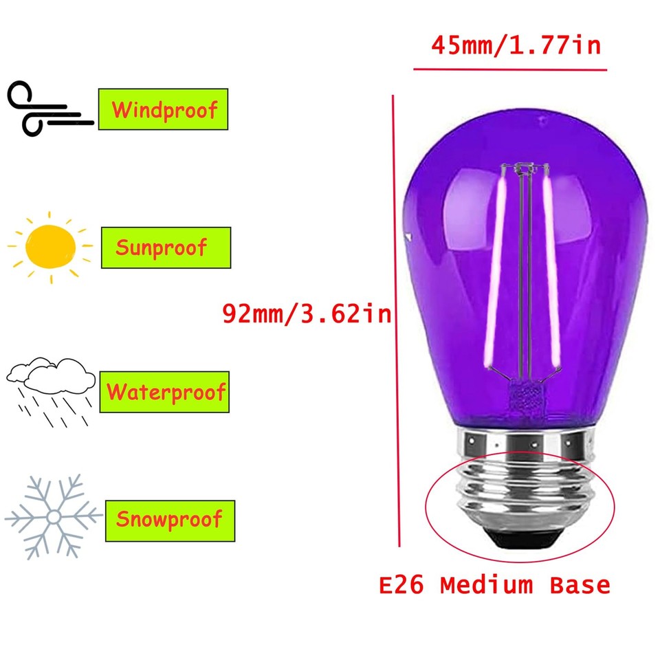 15 Pack Purple LED Bulb S14 Replacement Light Bulbs 2W Plastic ...