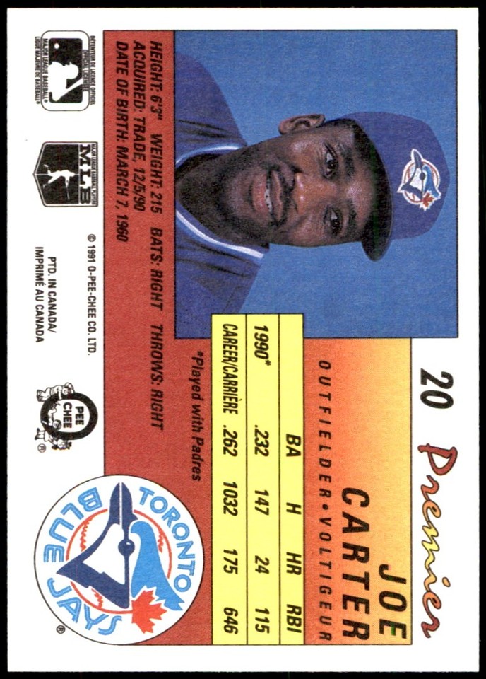 Joe Carter 1991 O-Pee-Chee Premier #20 Blue Jays MLB READ FREE SHIP AutographDen | eBay