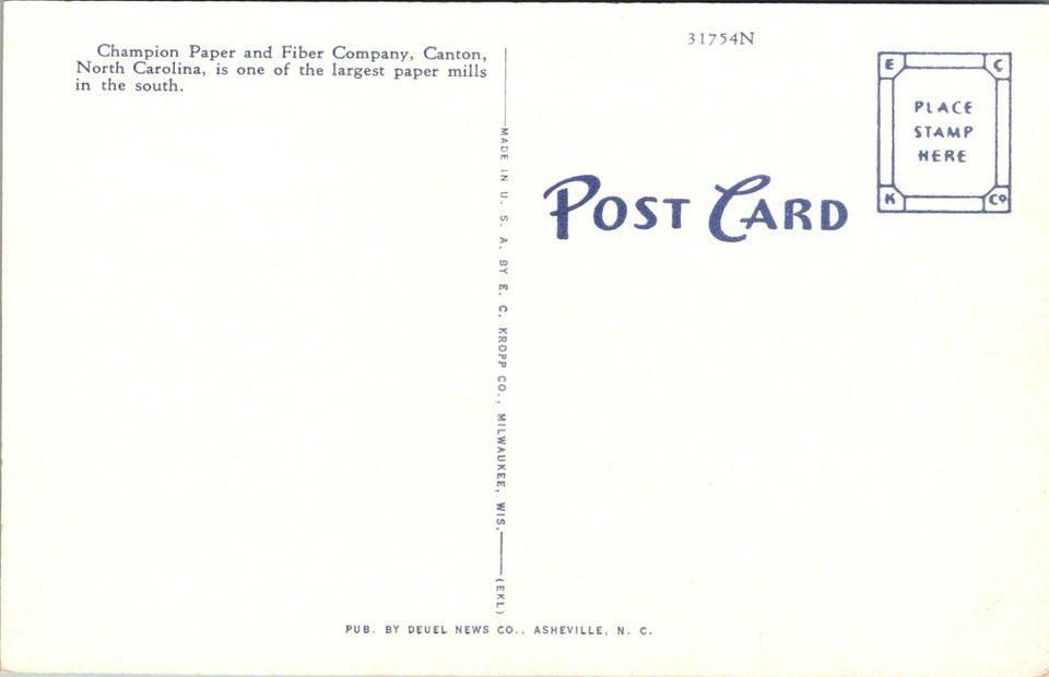 Champion Paper and Fiber Company Canton North Carolina Linen Postcard ...