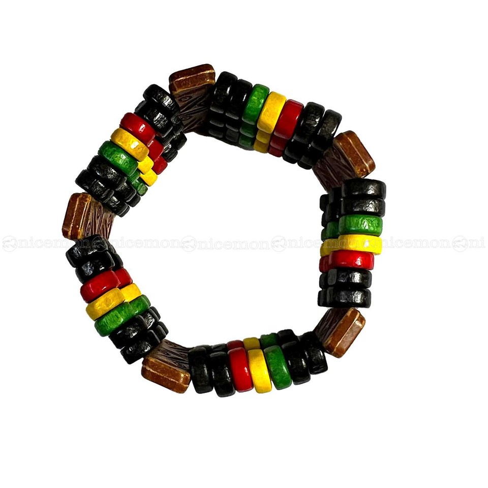 Rasta Afro Color Wood Bead Band Bracelet Wrist Bracelets Cuff Stretch ...