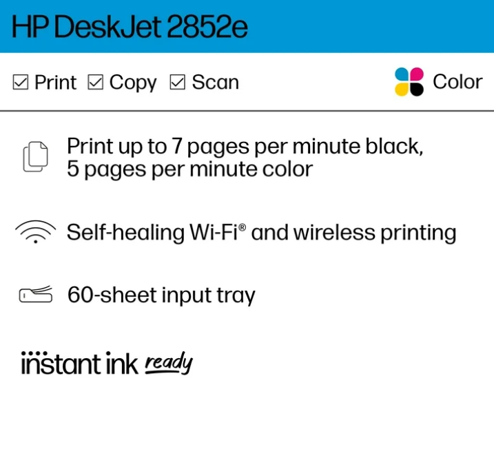 HP DeskJet 2852e Wireless All in One Color Inkjet Printer, Scanner ...