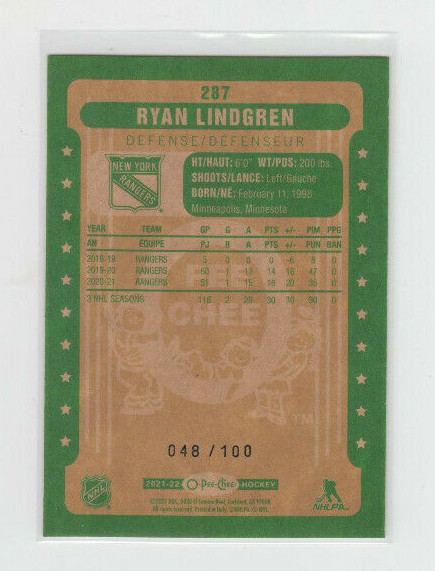 21/22 OPC New York Rangers Ryan Lindgren Black Border card #287 Ltd ...