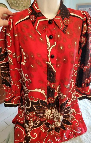 PLENTY TRACY REESE Silk Top Black Red Cream Y2K Blouse Long Sleeve ...