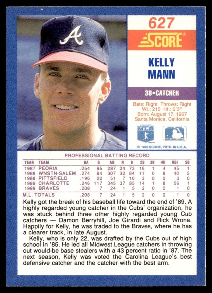 1990 Score Kelly Mann Rookie Atlanta Braves #627 | eBay