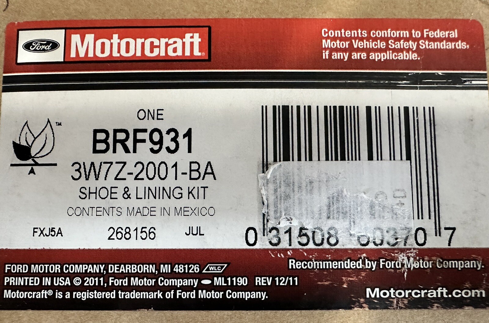 Ford Motorcraft DiscBrake BRF931 3W7Z 2001-BA Shoe & Lining Kit Genuine ...
