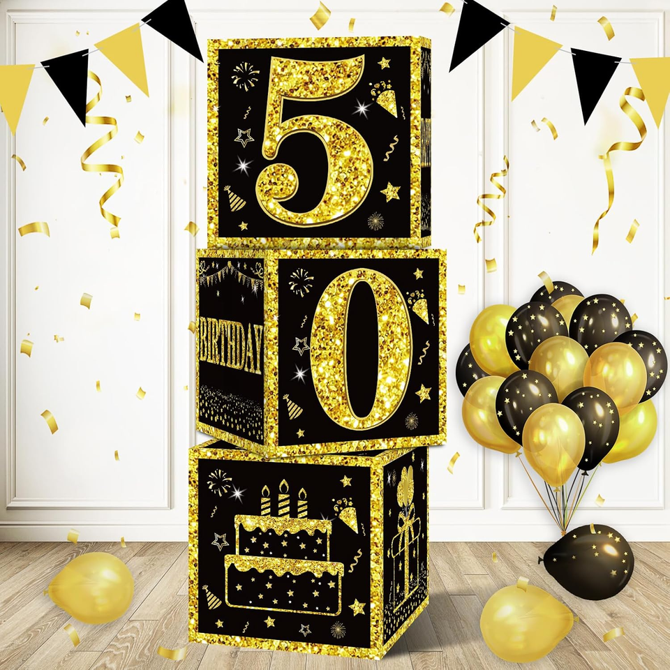 3Pcs 50Th Birthday Decorations Boxes for Men Women, Black Gold Happy 50 ...