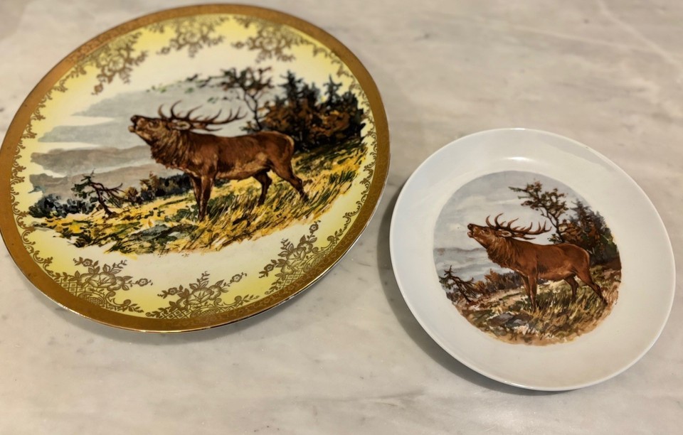 Vintage ST Bavaria Germany Blue Deer Buck Plates; One 11.5” Gold Trim ...