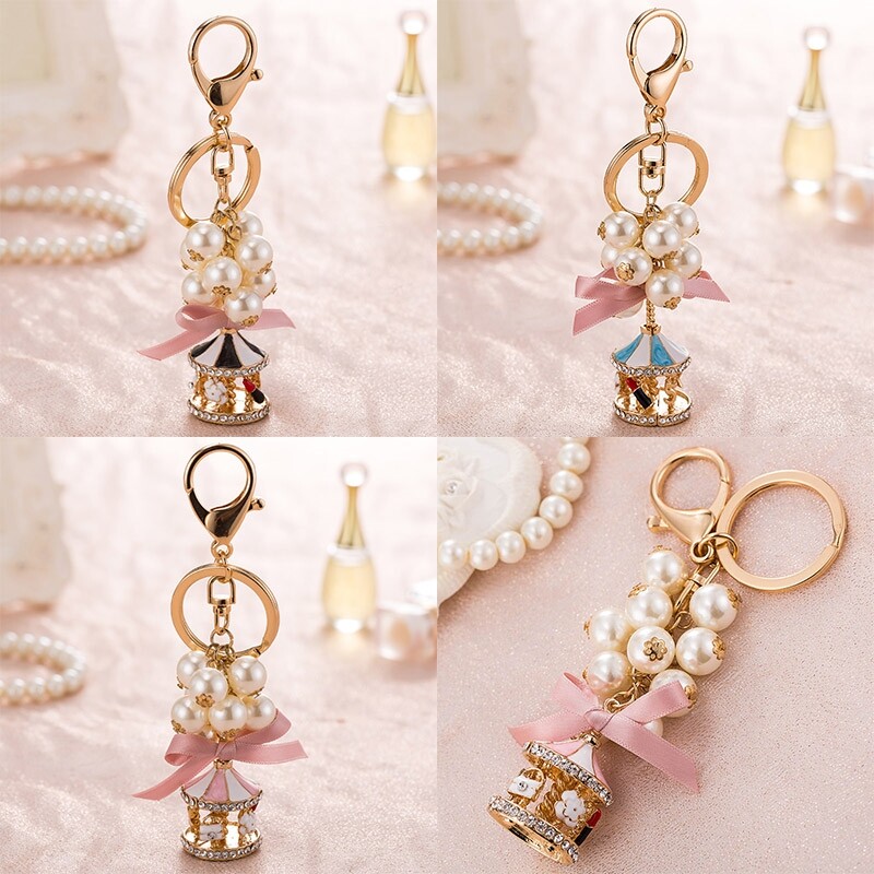 Pink/Blue/Black Carousel Keychain Womens Gold Car Key Ring White Pearl ...