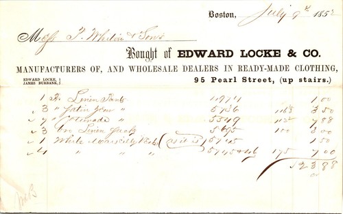 Edward Locke Boston Massachusetts 1852 Billhead Ready Made Clothing | eBay