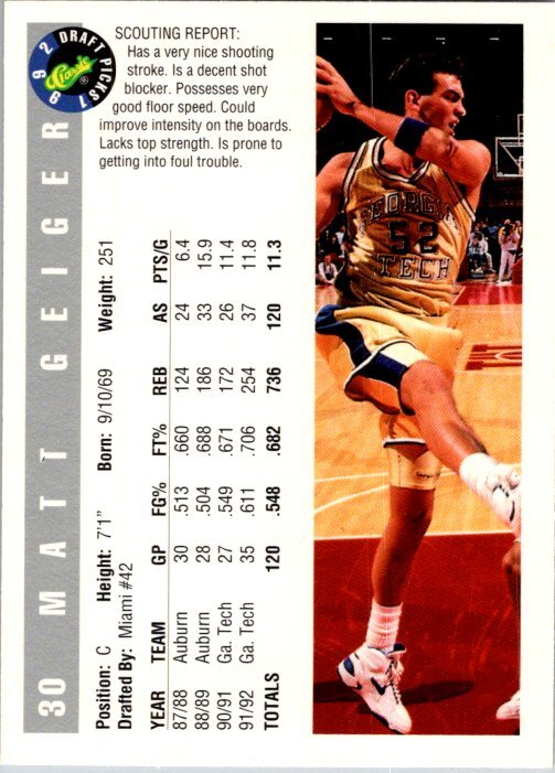 1992 Classic Draft #30 Matt Geiger NearMint/Mint | eBay