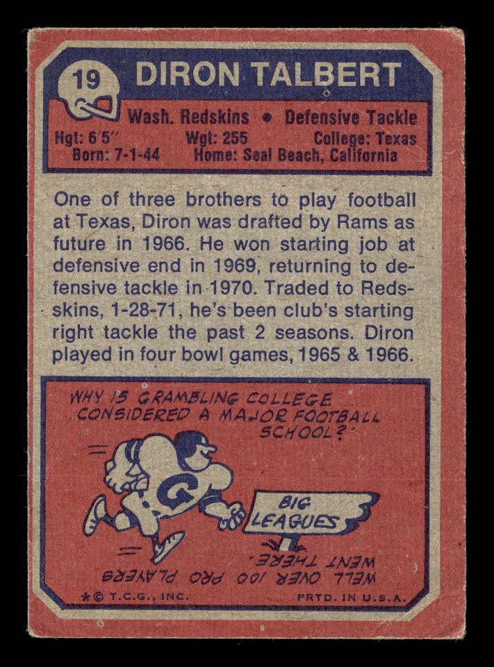 Diron Talbert 1973 Topps #19 Washington Redskins GD | eBay