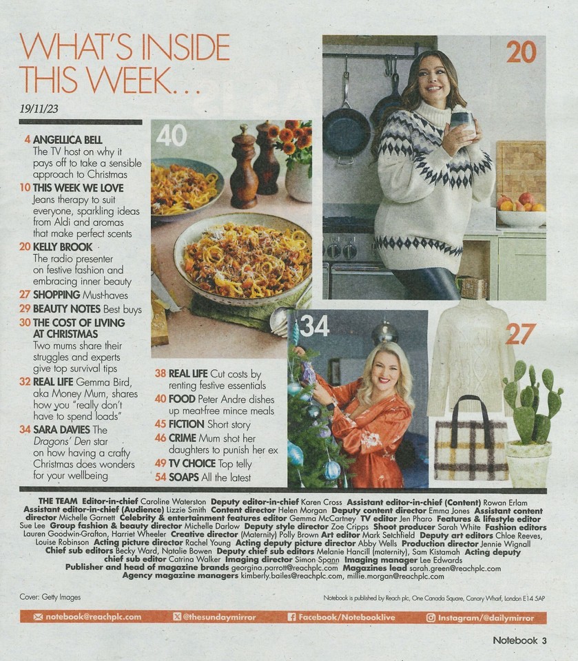 UK Sunday Mirror Notebook Magazine: Angellica Bell, Kelly Brook, Xmas ...