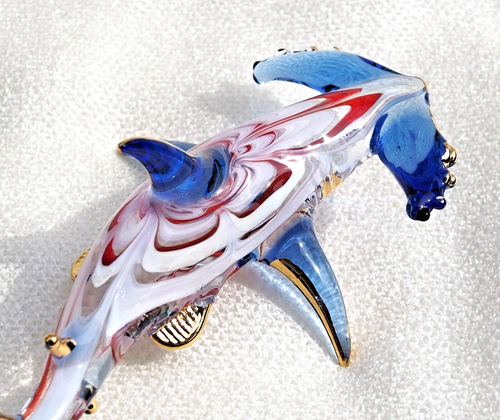 Blue Maroon HAMMERHEAD shark figurine handmade blown glass gold trim 4. ...