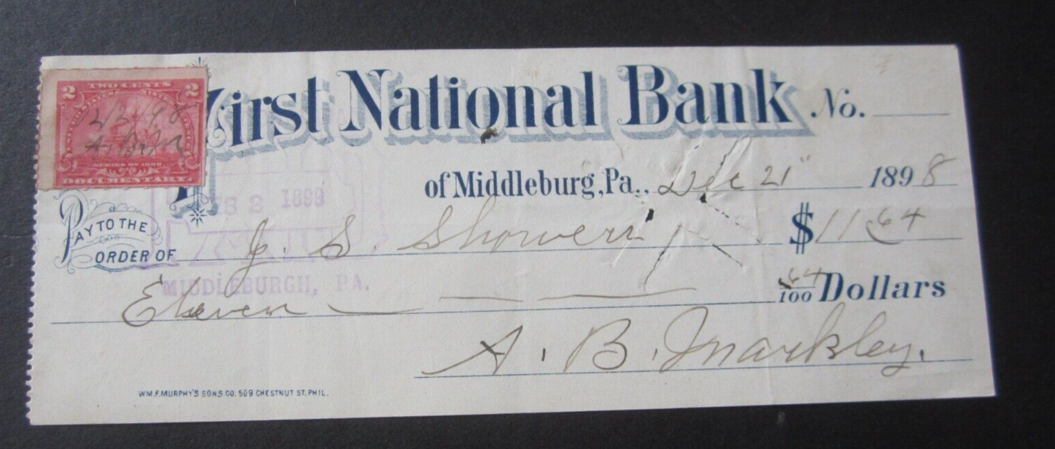 Old 1898 - MIDDLEBURG PA. - Bank Check Document - Documentary Stamp | eBay