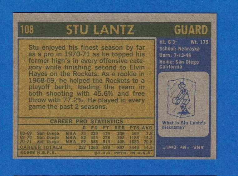 1971 Topps Basketball #108 Stu Lantz NM-MT OC Houston Rockets | eBay